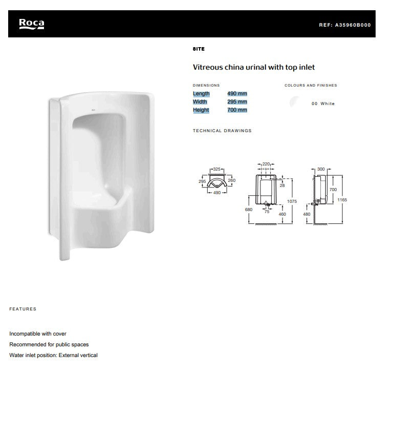 Vitreous China Urinal with Top Inlet | A35960B000 – Ganly's