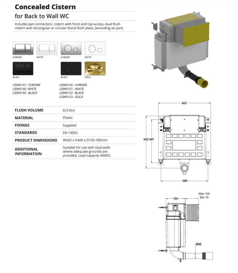 Concealed Cistern for Back to Wall WC Chrome Fascia Plate , Rectangula ...