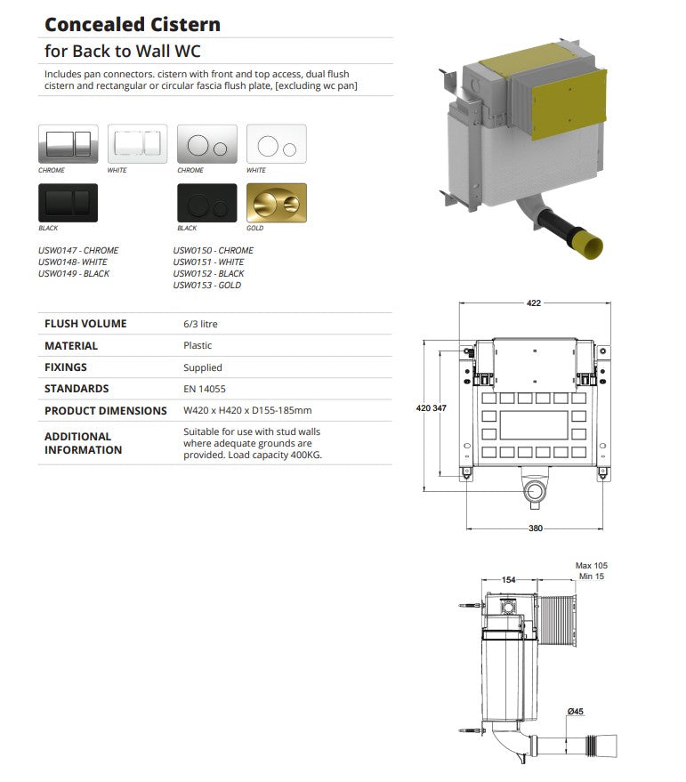 Concealed Cistern for Back to Wall WC White Fascia Plate , Rectangular ...