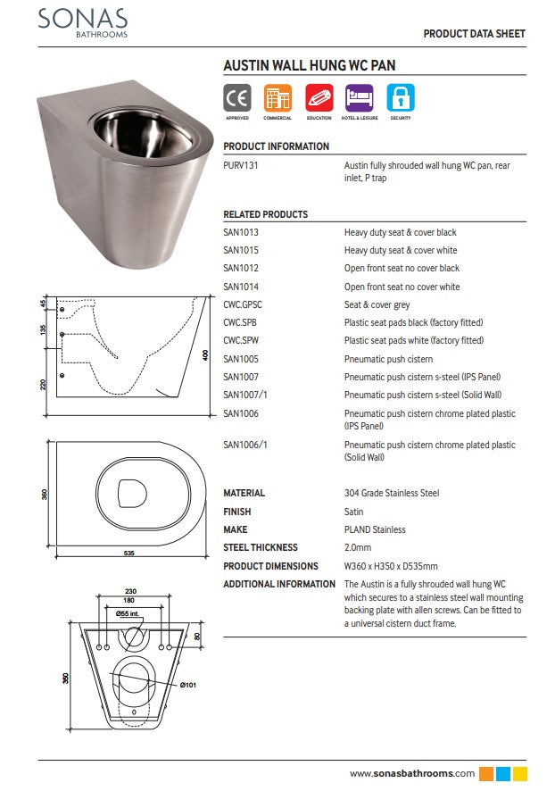 Austin Wall Hung WC Pan | PURV131 – Ganly's